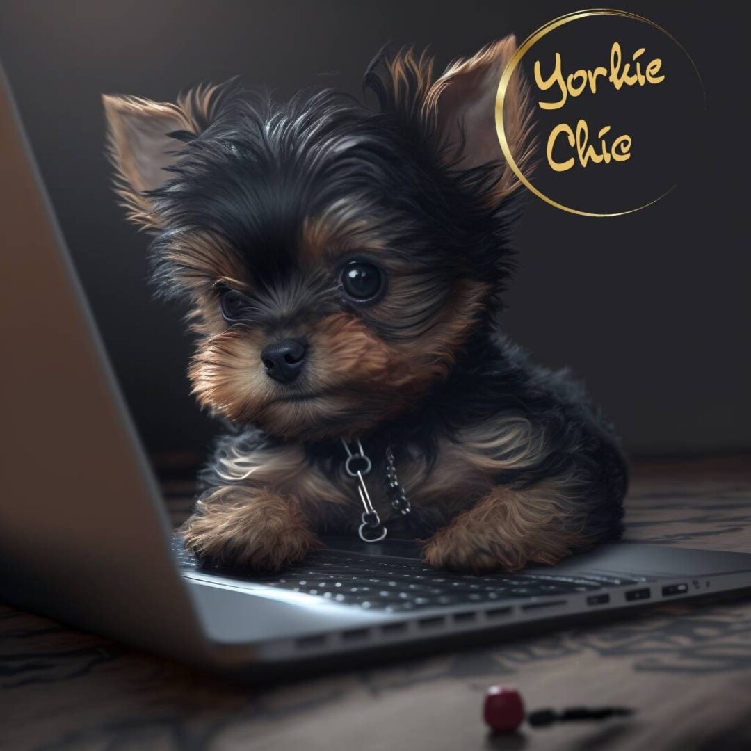 Yorkie Puppy at Laptop Wall Art Home Office Decor Yorkie Gift Digital ...