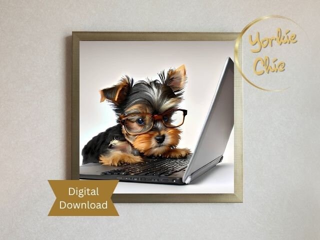 Cute Nerdy Yorkie Puppy at Laptop Wall Art Home Office Decor Yorkie ...