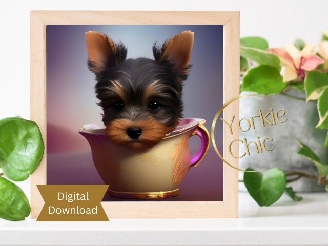 Teacup Yorkie Puppy in a Teacup - Wall Art - Home Decor - Digital ...
