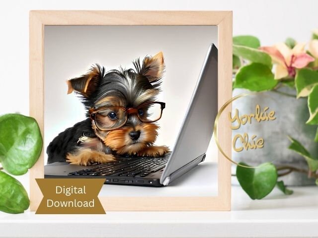 Cute Nerdy Yorkie Puppy at Laptop Wall Art Home Office Decor Yorkie ...