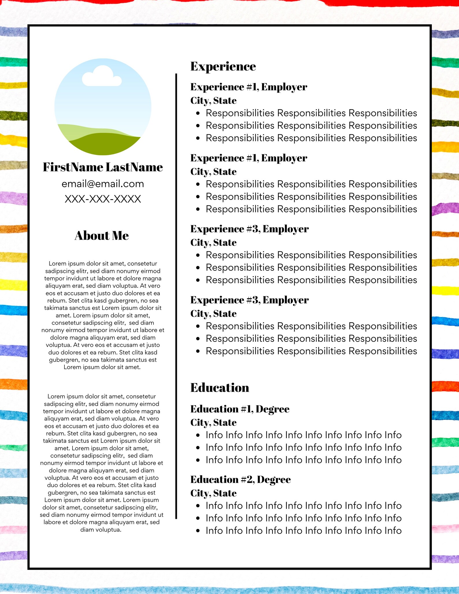 Rainbow Stripe Border Resume Template - Etsy
