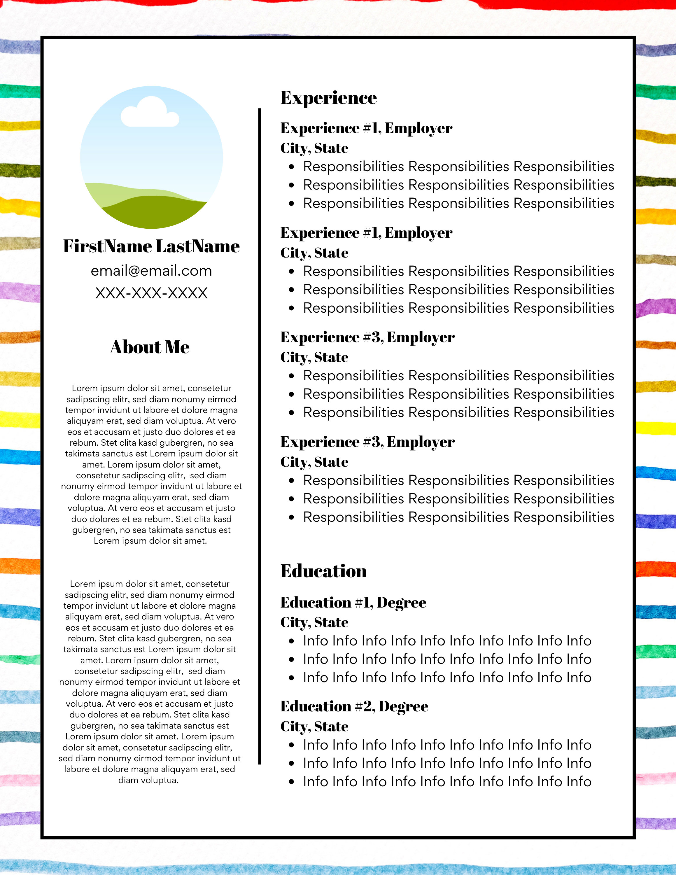 Rainbow Stripe Border Resume Template - Etsy