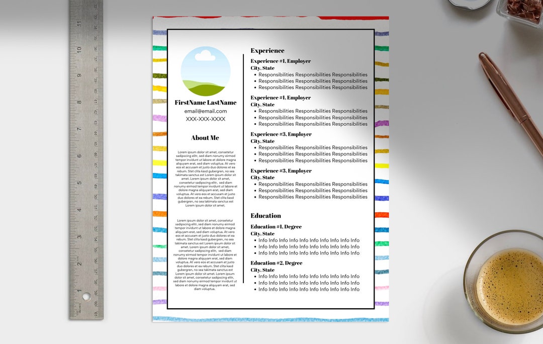 Rainbow Stripe Border Resume Template - Etsy