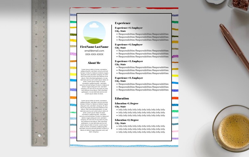 Rainbow Stripe Border Resume Template - Etsy