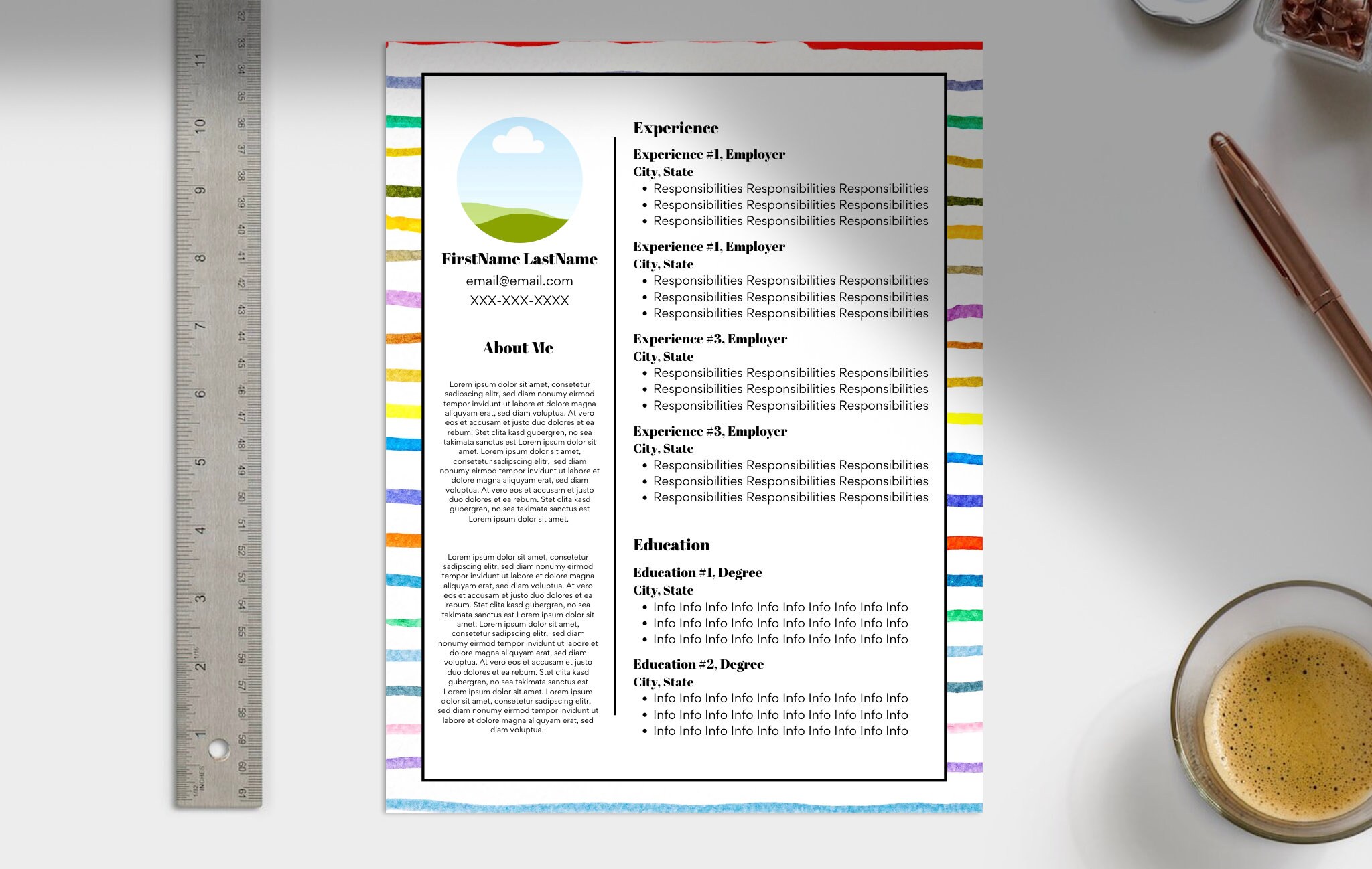 Rainbow Stripe Border Resume Template - Etsy