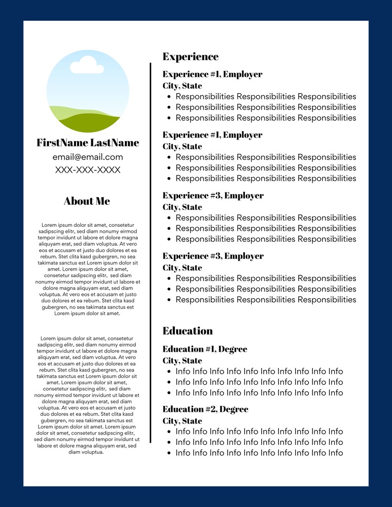 Navy Border Resume Template - Etsy