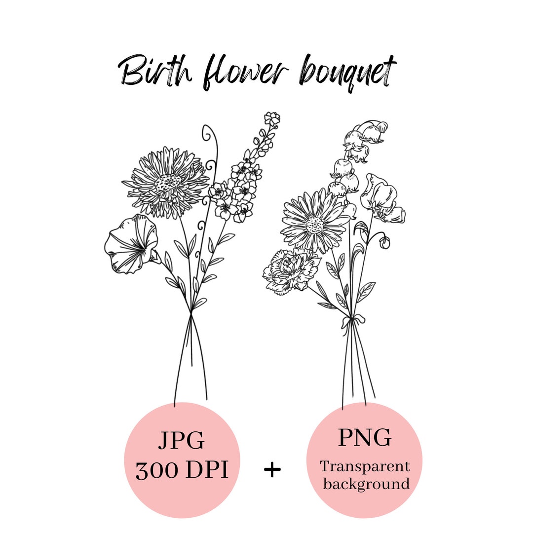 Custom Birth Flower Line Art, Family Bouquet Birth Flower Wall Art ...