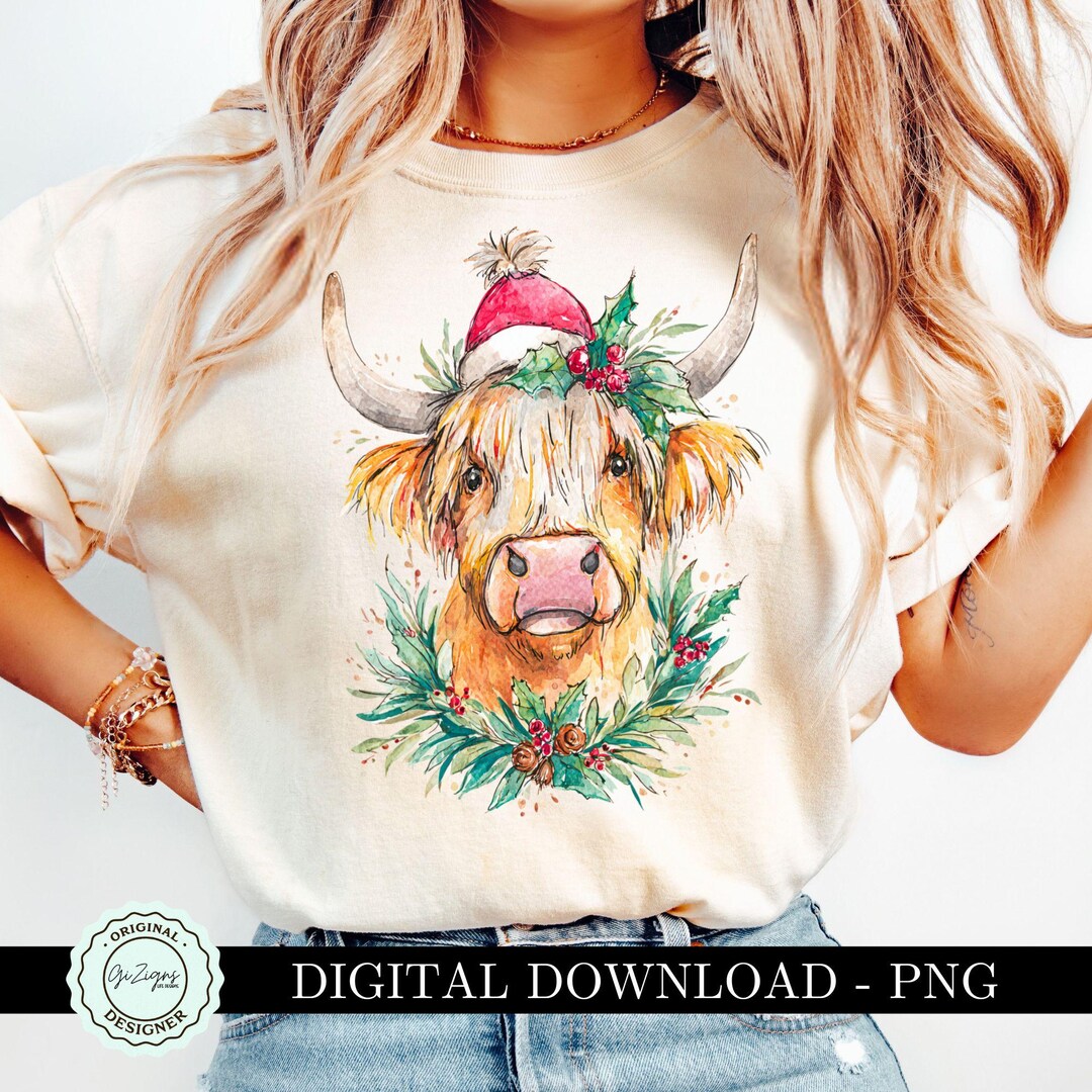Christmas Highland Cow PNG Clipart, Cute Highland Cow Digital Print ...