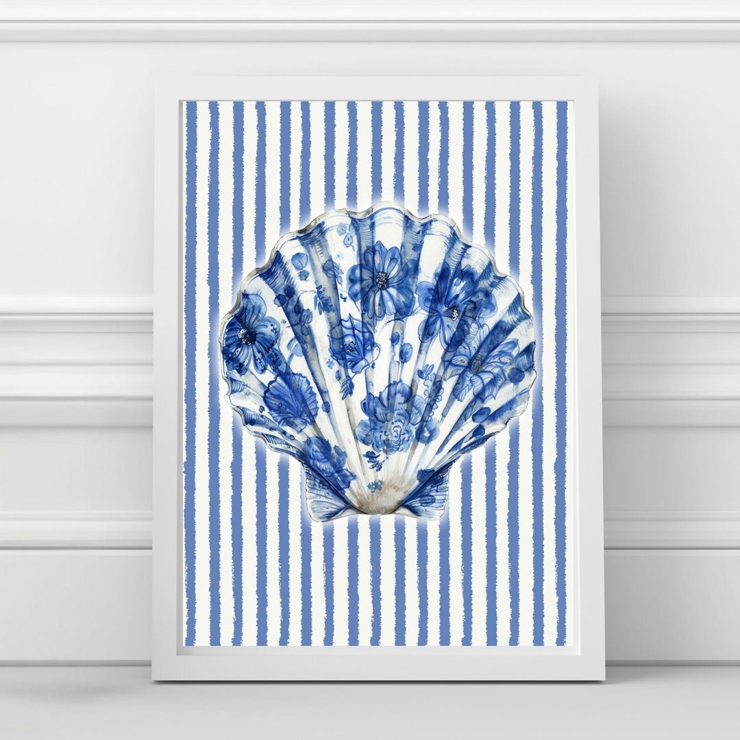 Blue Toile Coastal Seashell Wall Art, Chinoiserie Room Decor, Beach ...
