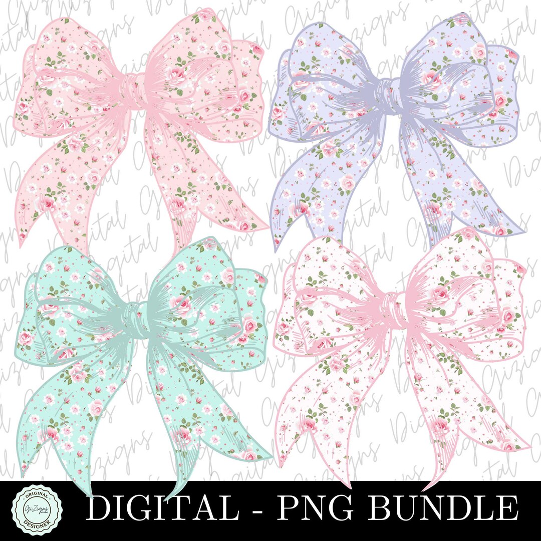 Fancy Floral Coquette Bow PNG Clipart Bundle, Vintage Retro Shabby Chic ...