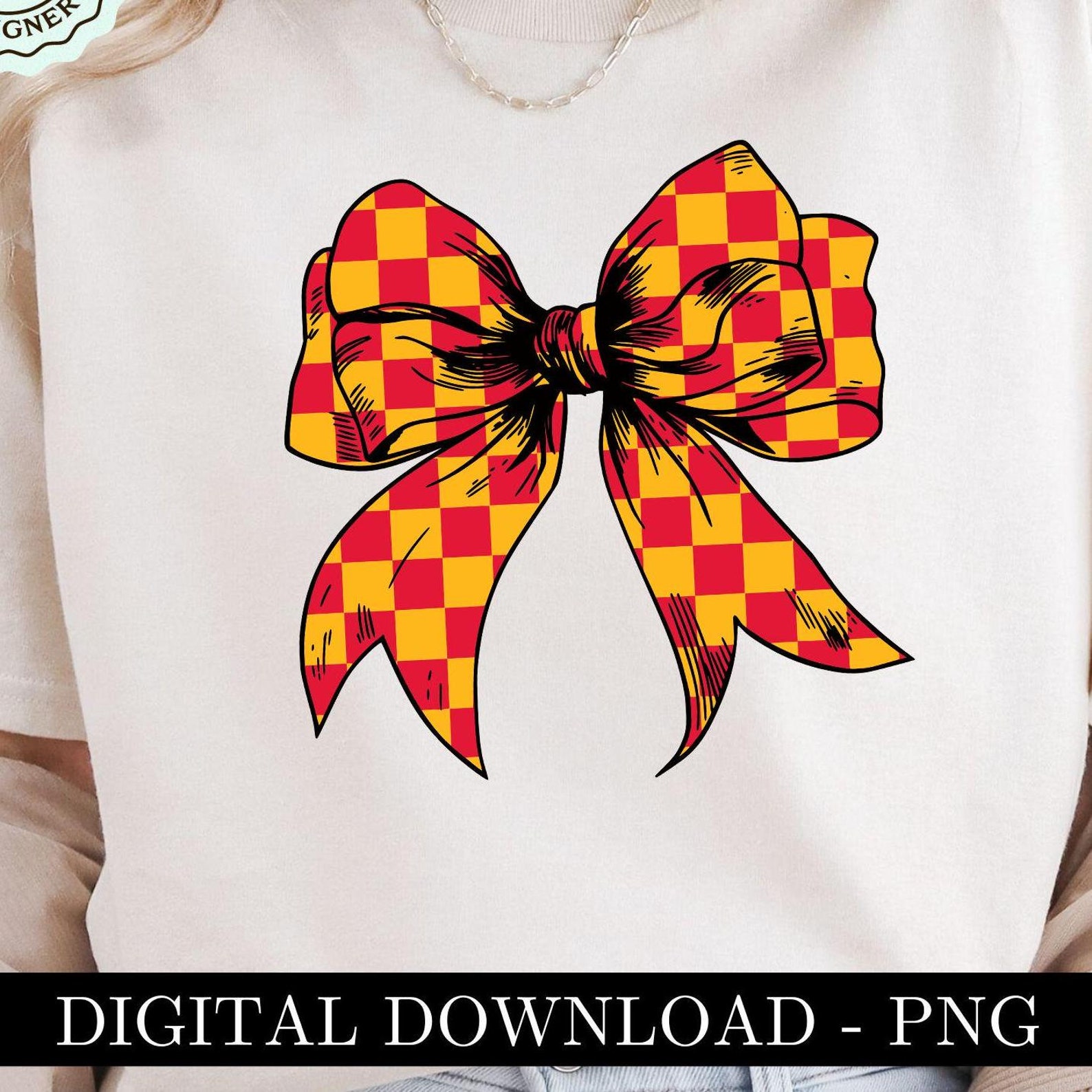 Trendy Checkered School Color Coquette Red and Gold Bow PNG Clipart ...