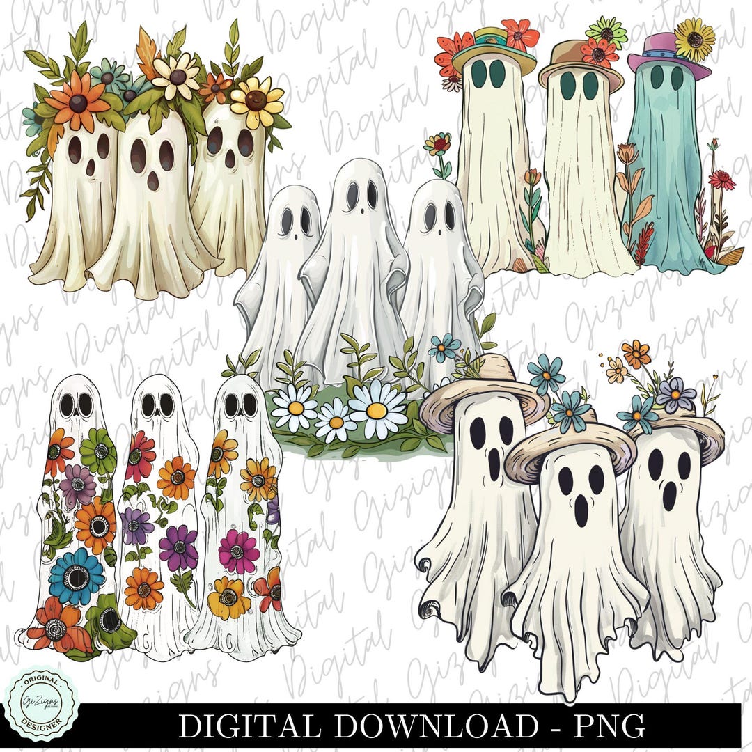 Boho Ghost Png Bundle, Boujee Halloween Ghosts Png, Retro Hippie Ghost ...