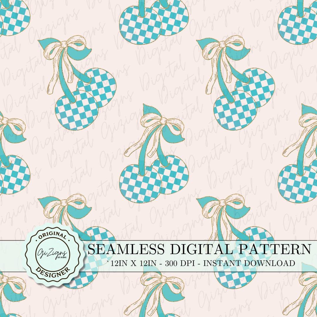 Trendy Cherry Seamless Pattern PNG, Checkerboard Turquoise Gold Glitter ...