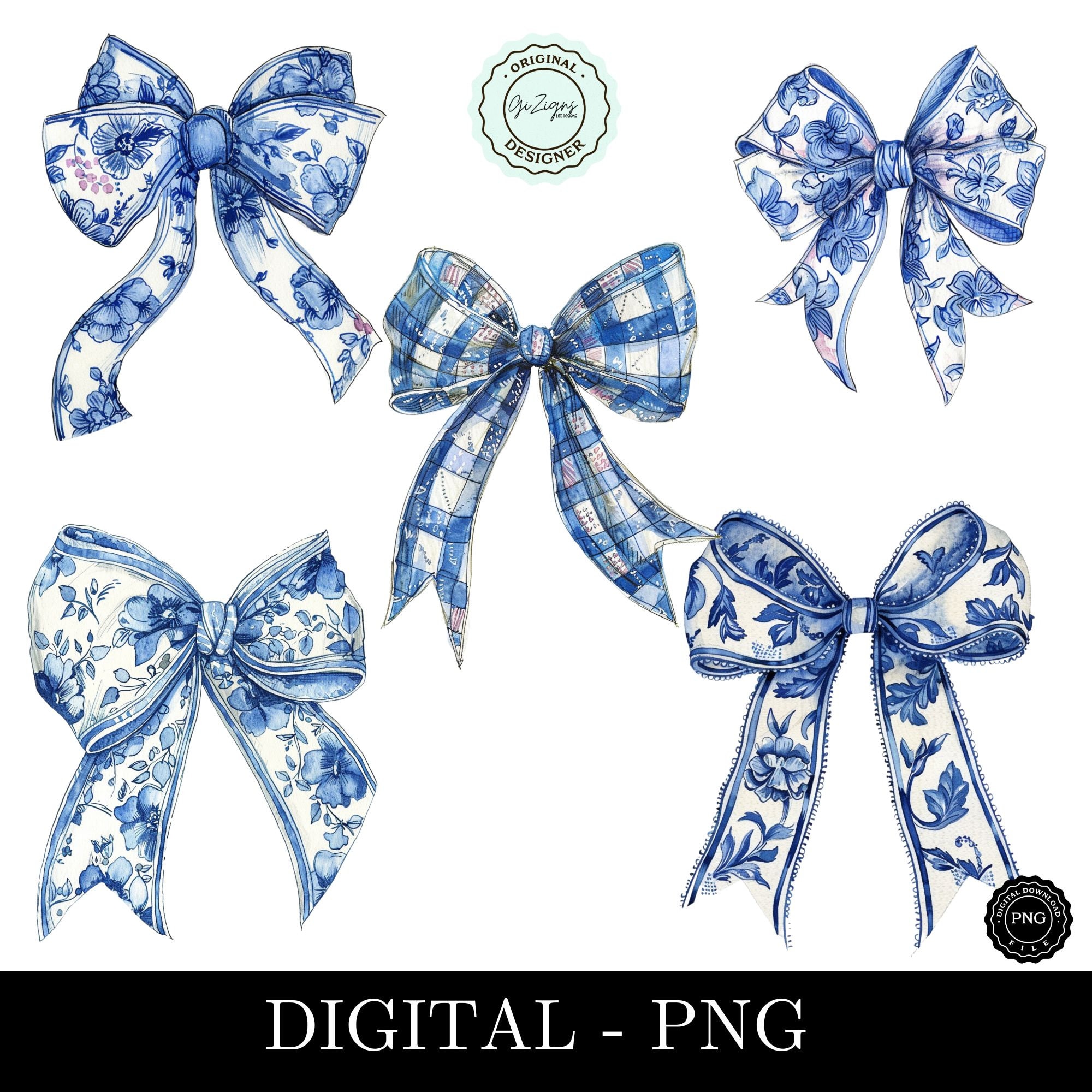 Trendy Blue Floral Bow Coquette PNG Clipart, Coquette Bows Bundle ...