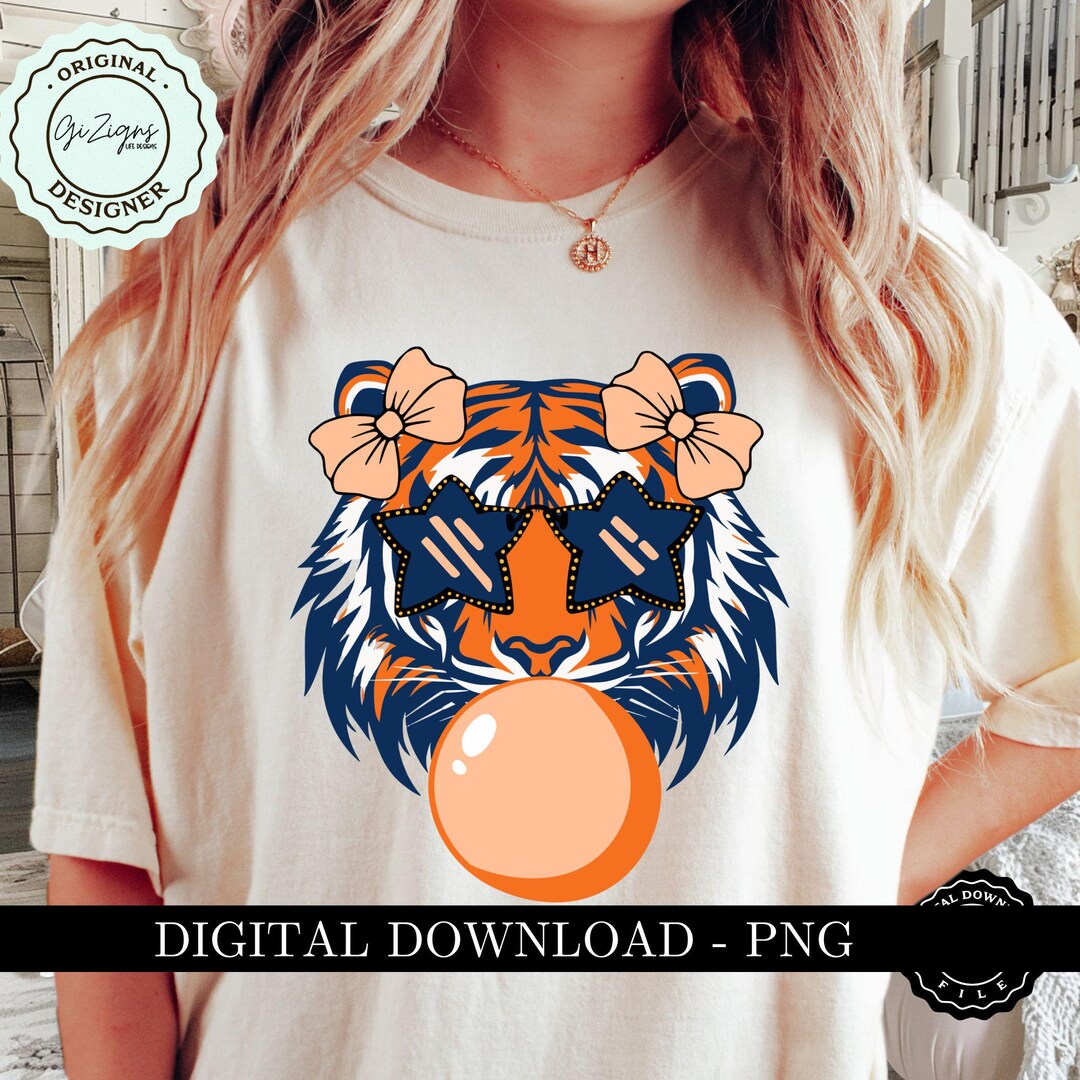 Blue and Orange Tiger Blowing Bubble PNG, Coquette Bow Tiger Face PNG ...