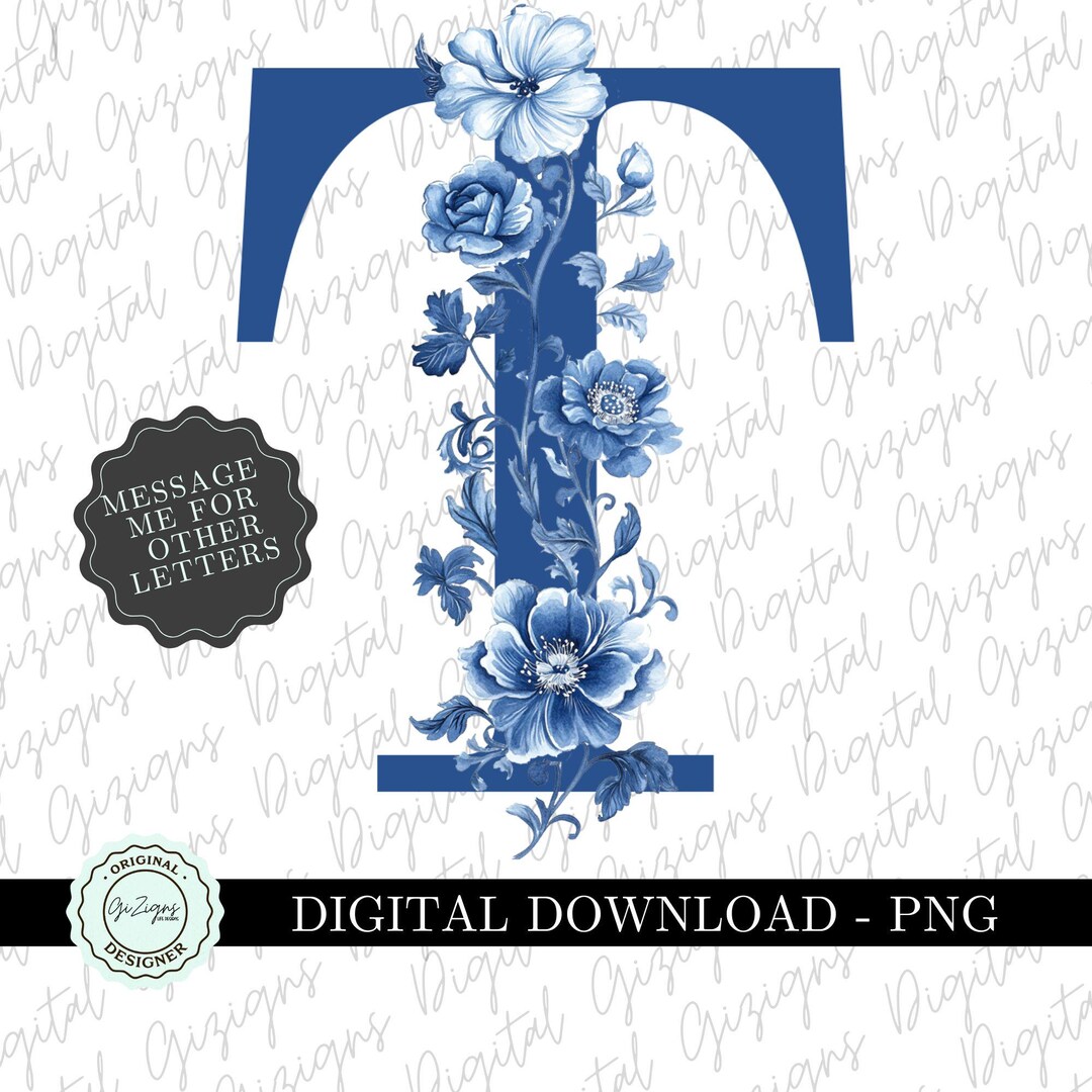 Trendy Letter T Blue Floral PNG Clipart Font, Fancy Blue Willow Initial ...