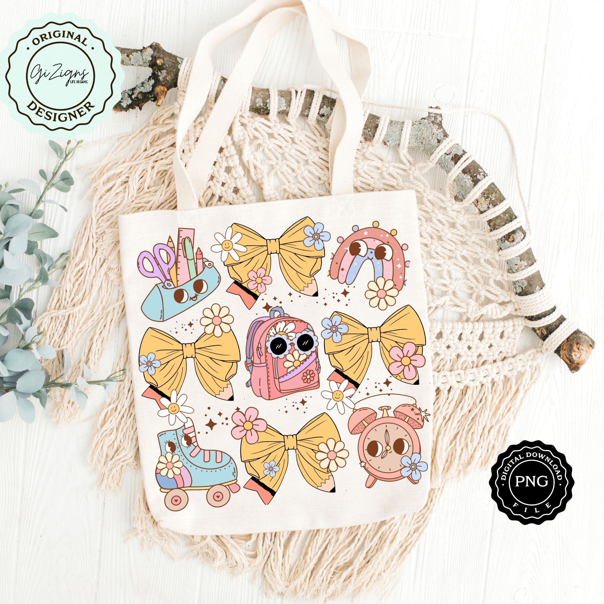 Retro Cute Back to School Coquette PNG Clipart Pencil Bow Roller Skate ...