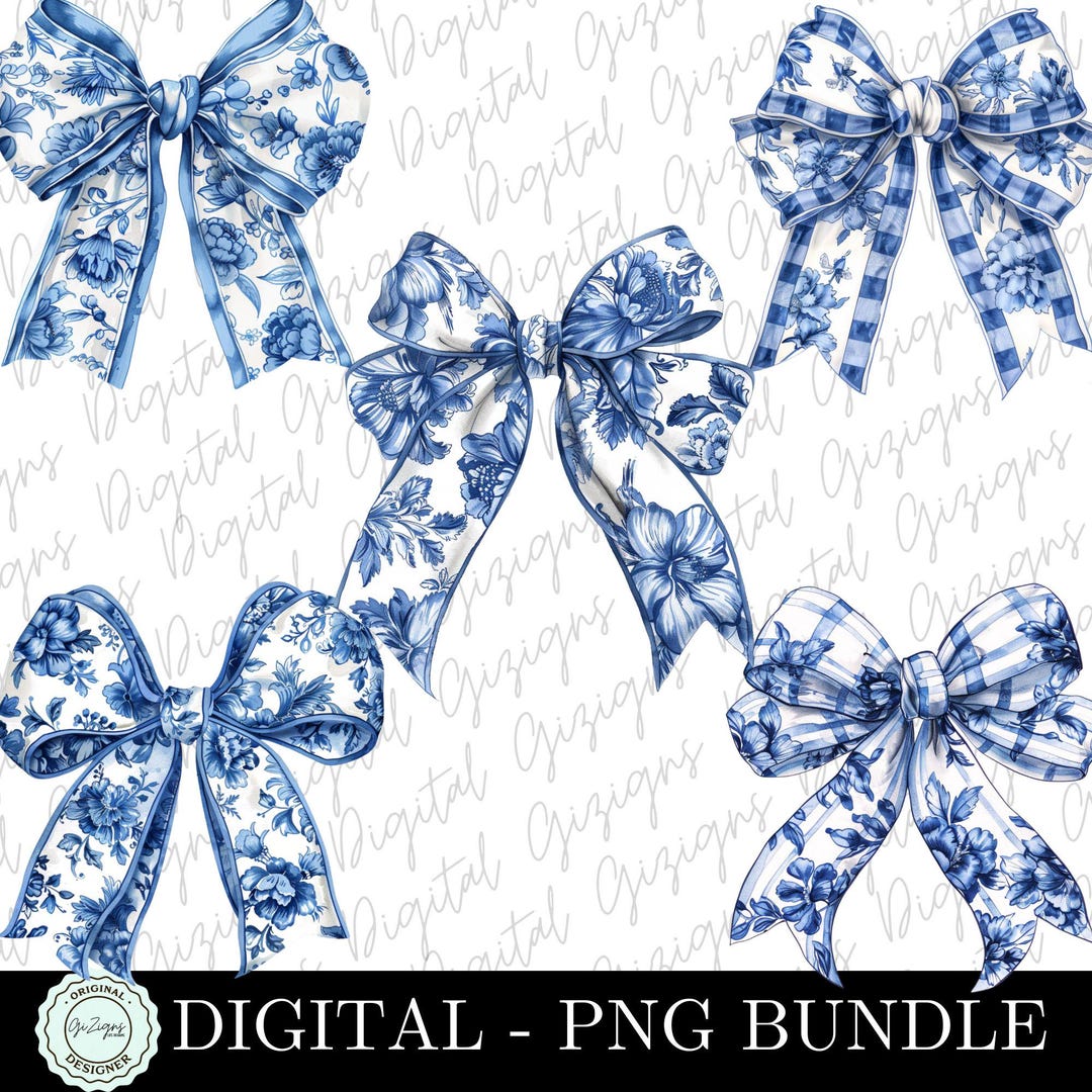 Blue Coquette Bow PNG Clipart Bundle, Coquetteful Toile De Jouy Bows ...