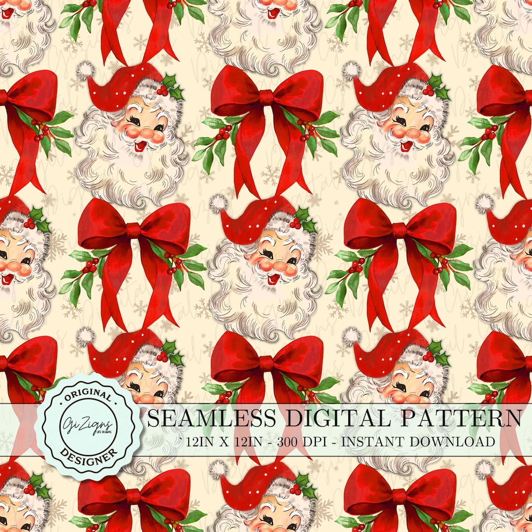 Ecru Vintage Christmas Santa Digital Paper, Red Santa Claus Seamless ...