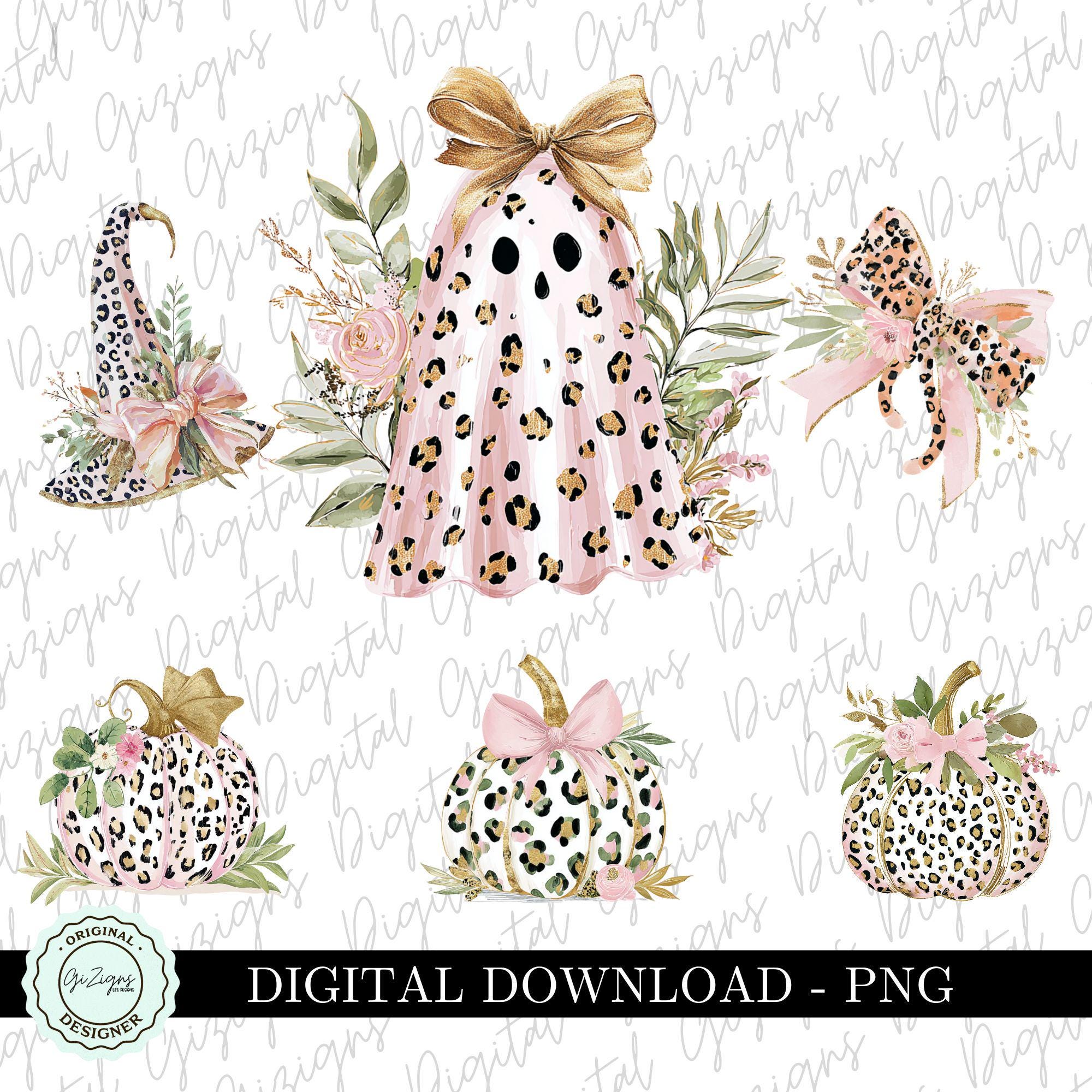 Trendy Pink Coquette Halloween PNG Clipart Bundle, Leopard Bow Ghost ...