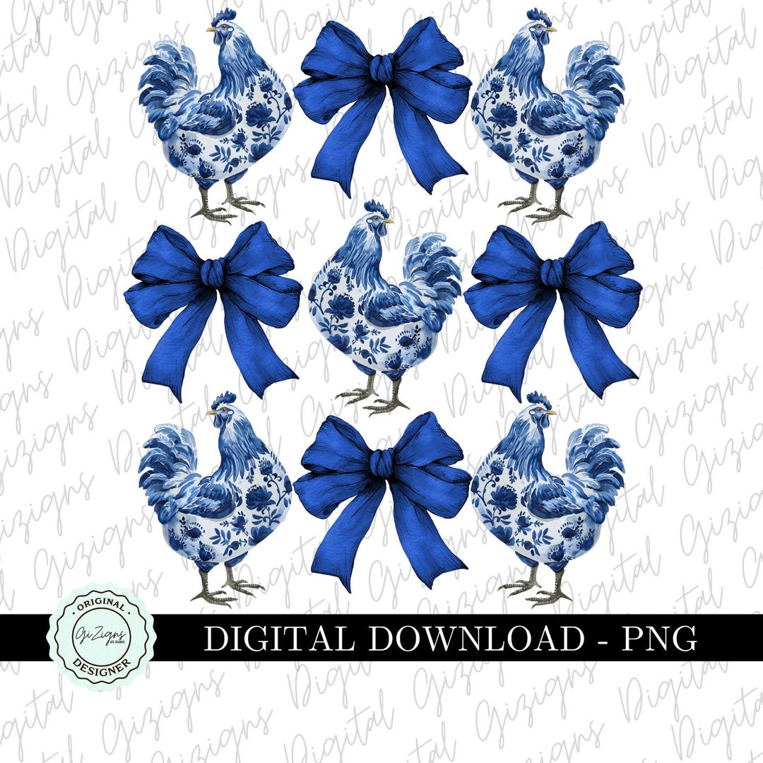 Coquette Chicken Png, Blue Bow Toile Willow Chicken Chinoiserie Floral ...