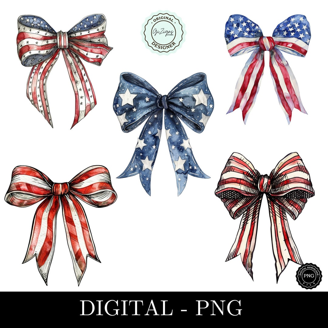 Coquette Bow PNG July 4 Patriotic Red White and Blue Bow Clipart Bundle ...