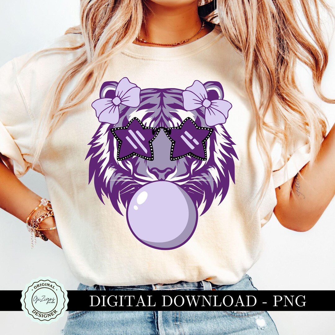 Girly Purple Tiger Blowing Bubble PNG, Coquette Bow Tiger Face PNG ...