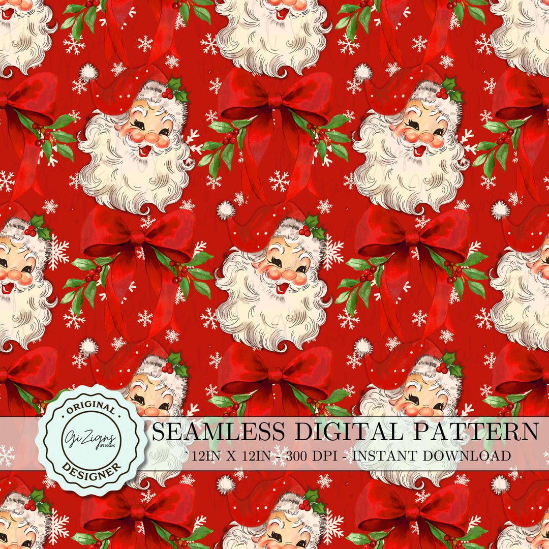 Vintage Christmas Santa Digital Paper, Red Santa Claus Seamless Pattern ...