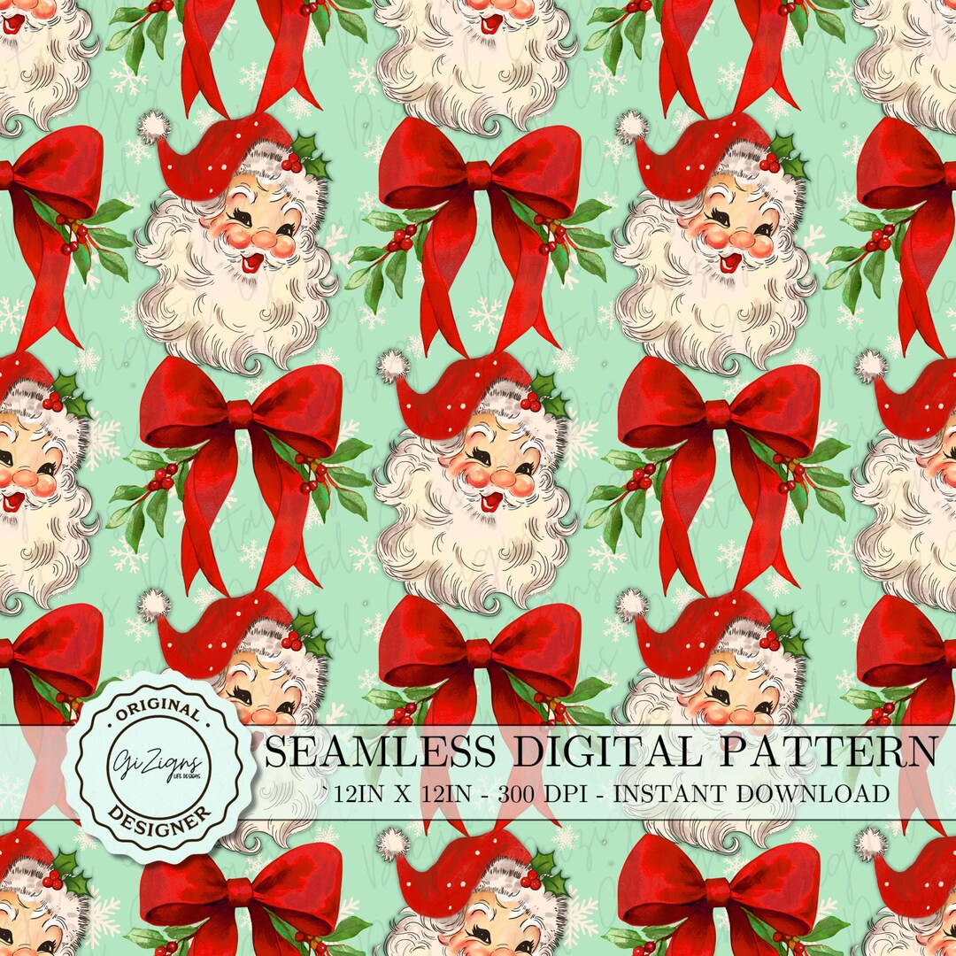 Ecru Vintage Christmas Santa Digital Paper, Red Santa Claus Seamless ...