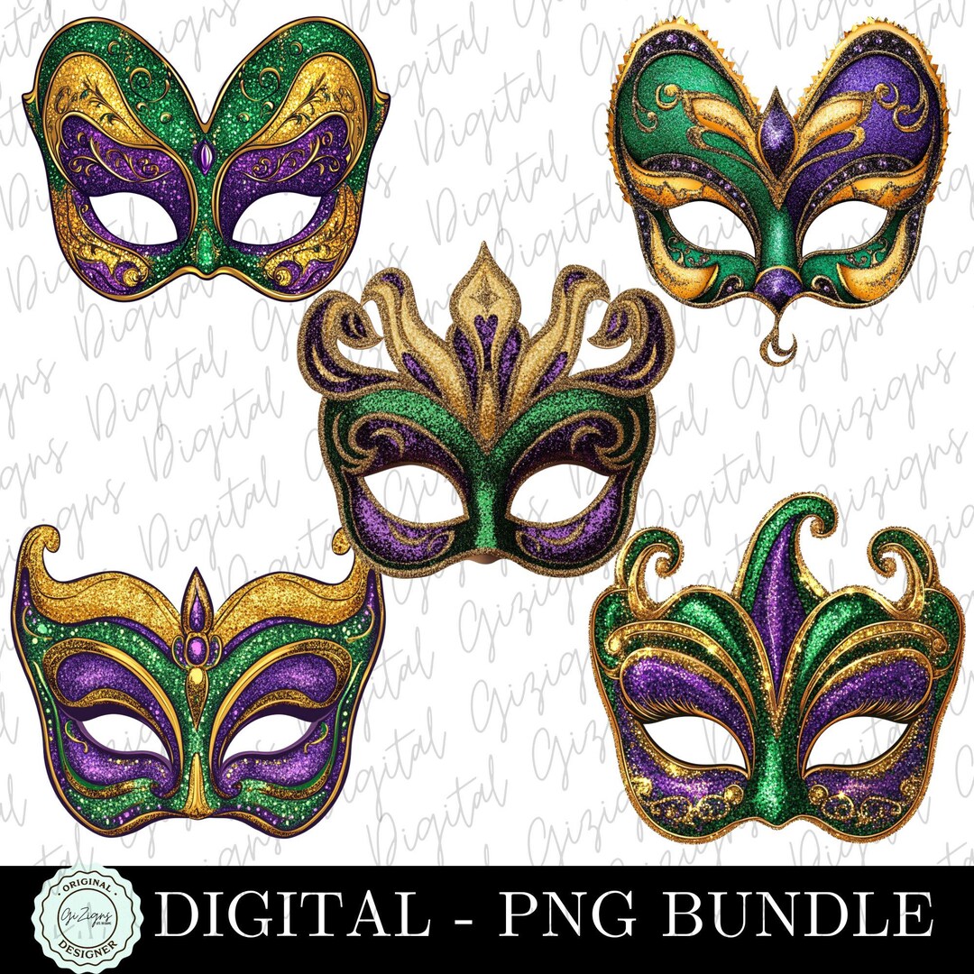 Mardi Gras PNG Glitter Masquerade Mask PNG Clipart Bundle, Mardigras ...