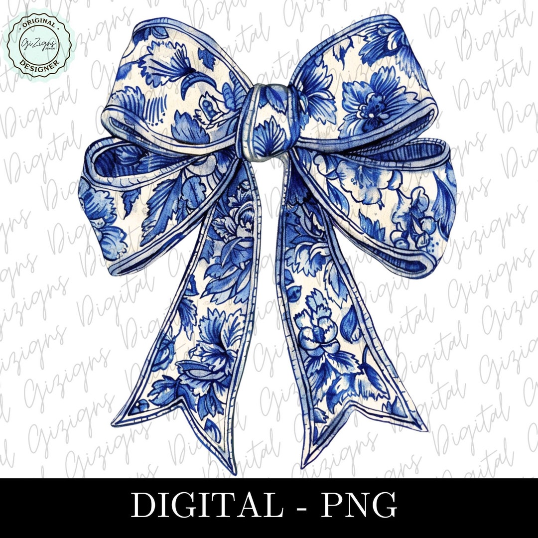 Trendy Blue Floral Bow Coquette PNG Clipart, Blue Chinoiserie Bow Blue ...