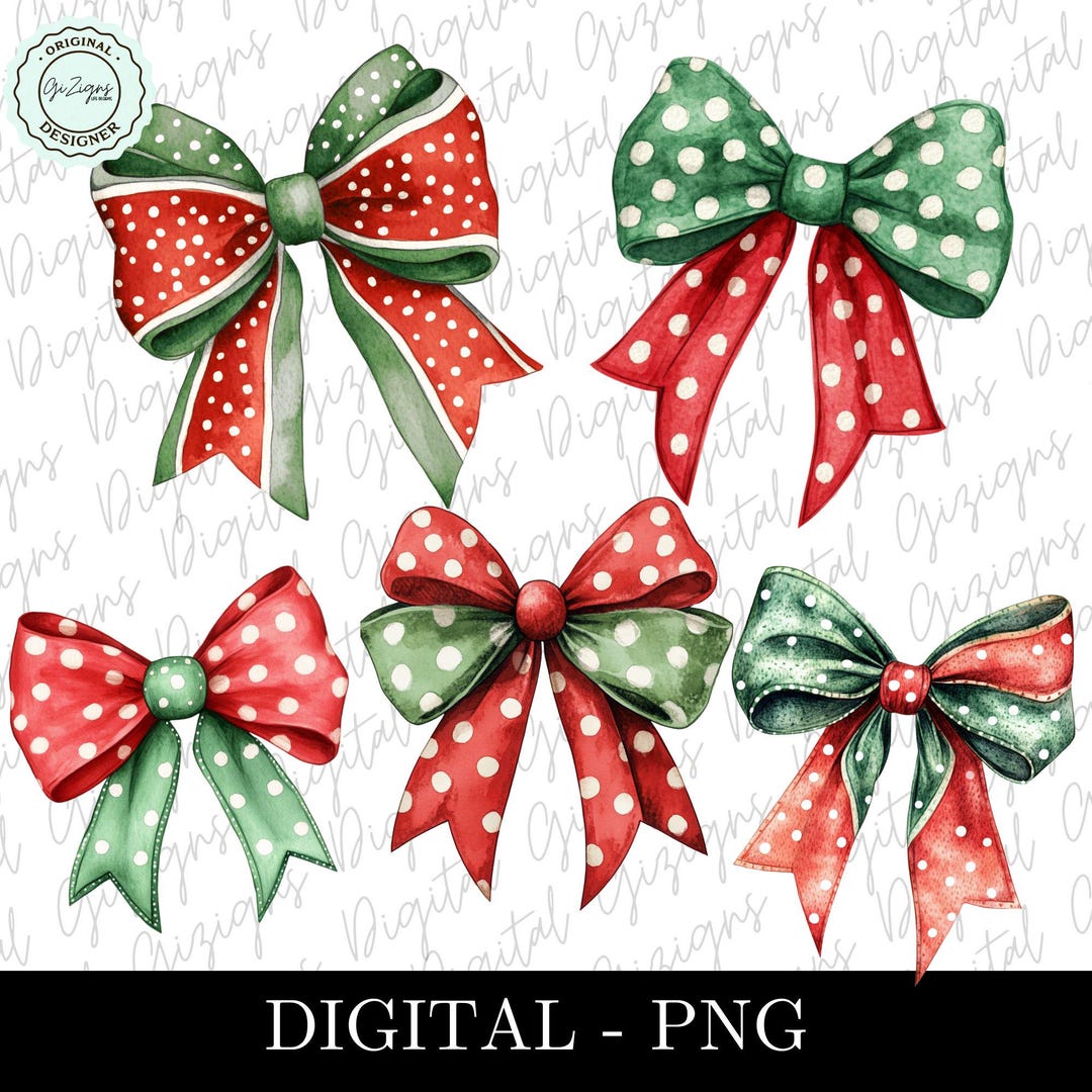 Christmas Coquette Bow PNG Bundle, Green and Red Bow Clipart, Preppy ...