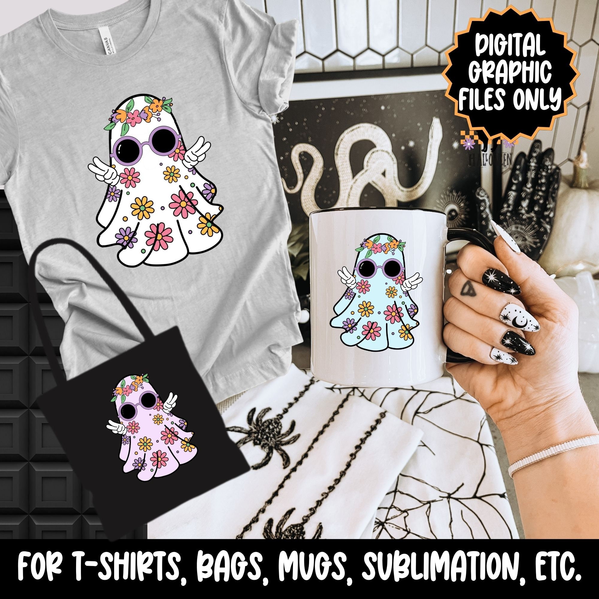 Groovy Retro Ghost Clipart, Hippie Ghost Png, Flowers, Digital ...