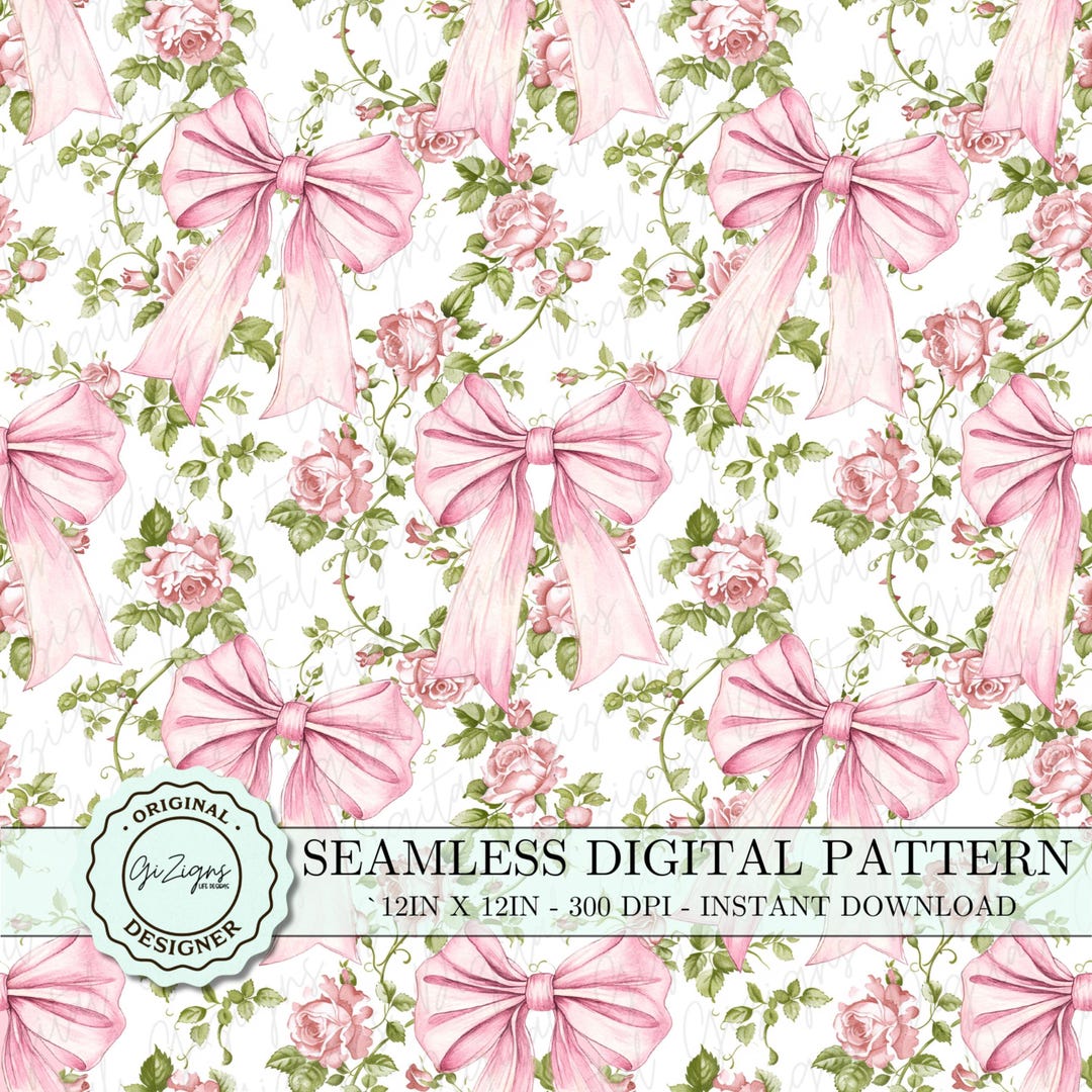 Coquette Bow Seamless Pattern File, Seamless Vintage Floral Pink Bows ...
