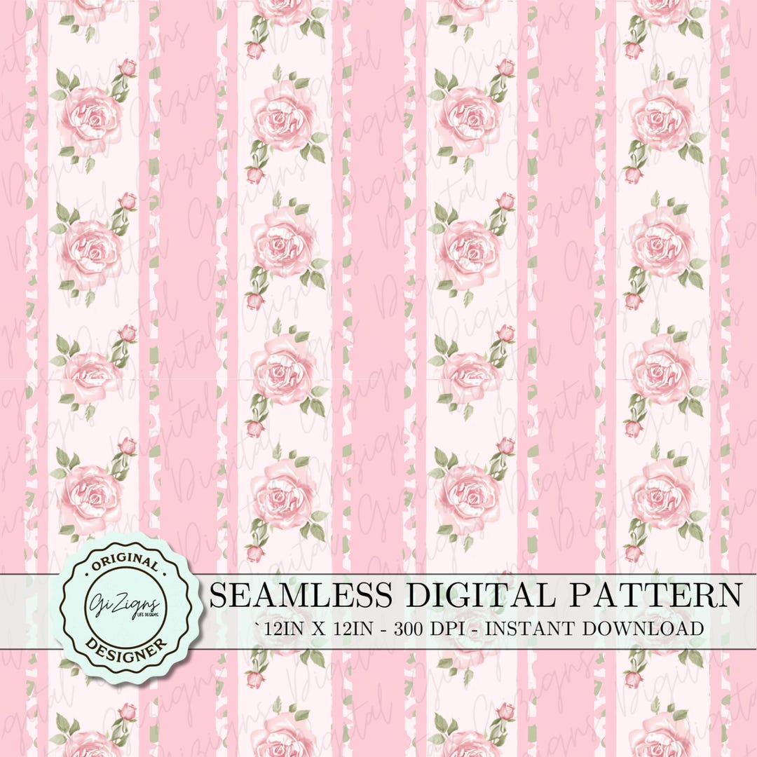 Vintage Floral Rose Pink Stripe Seamless Pattern PNG, Baby Pink Digital ...