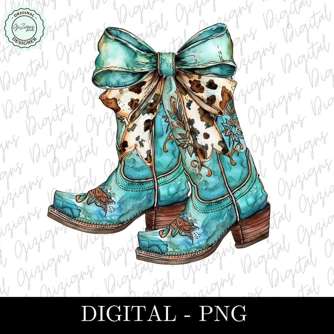 Turquoise Cowgirl Boots PNG, Coquette Cow Bow PNG, Country Western ...