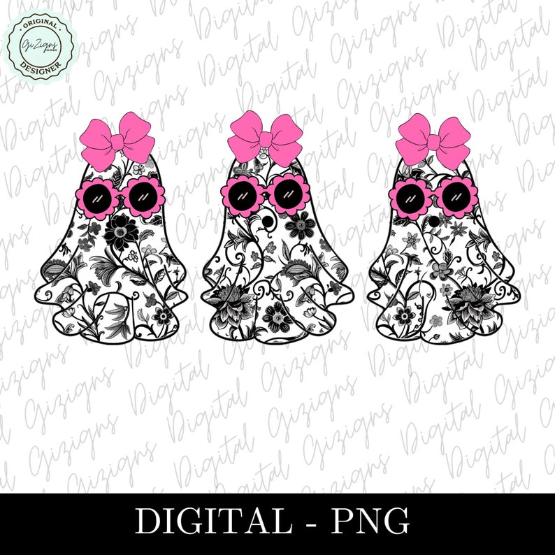 Cute Retro Hippie Black Floral Ghost PNG, Coquette Halloween Pink Bow ...