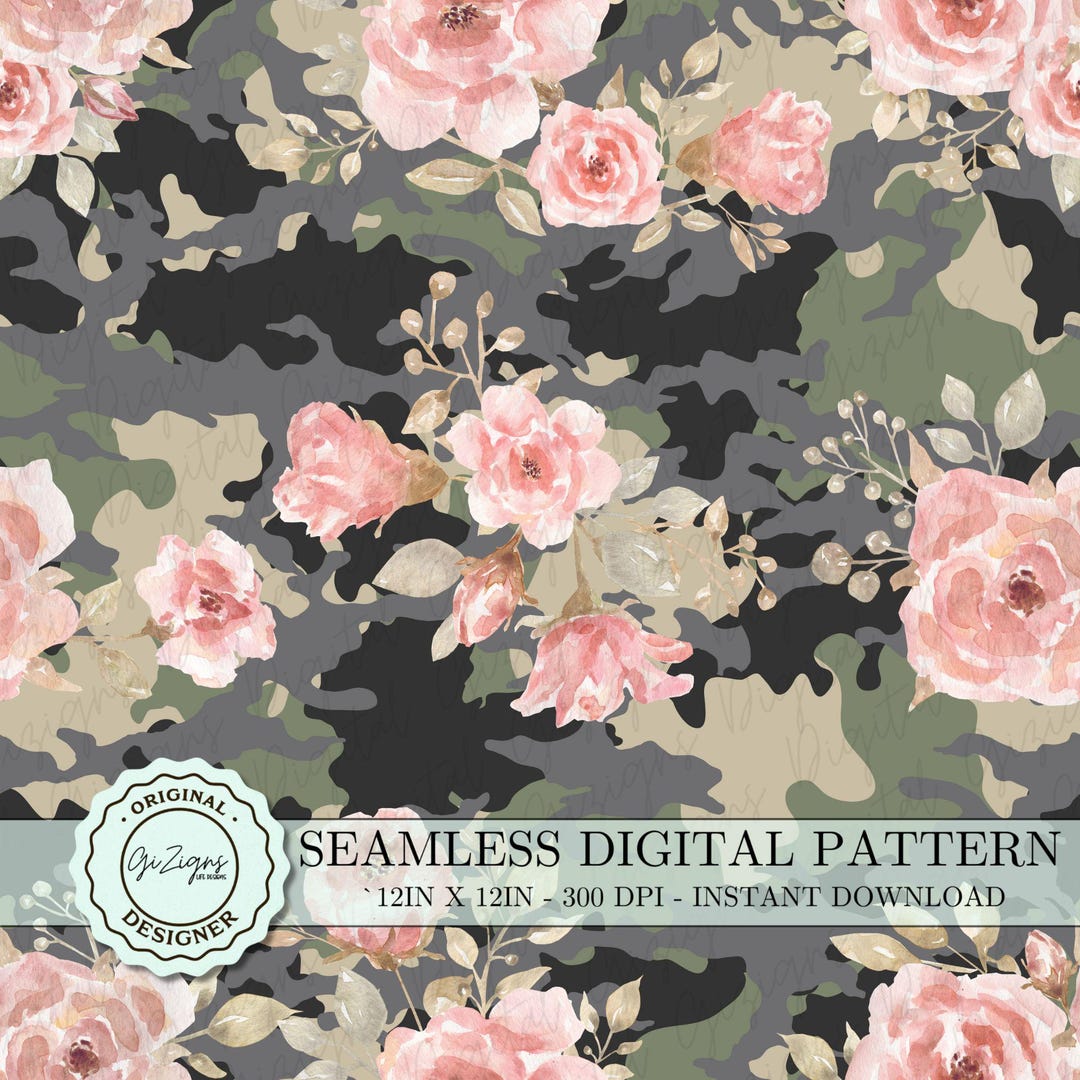 Camo Seamless Pattern PNG SVG, Camouflage Watercolor Fancy Floral Love ...