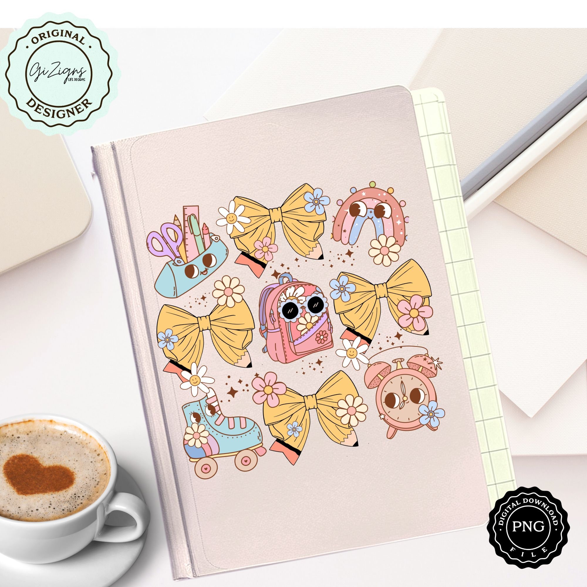 Retro Cute Back to School Coquette PNG Clipart Pencil Bow Roller Skate ...