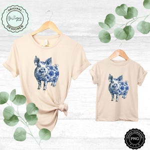 Blue and White Floral Pig PNG, Coquette Blue Chinoiserie Floral Farm ...