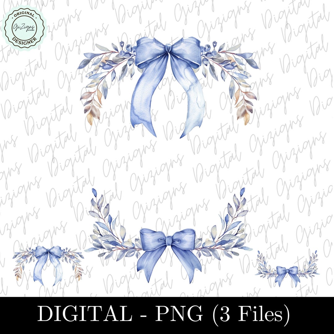Trendy Blue Bow Watercolor Frame Clipart PNG, Coquette Bow SVG, Floral ...