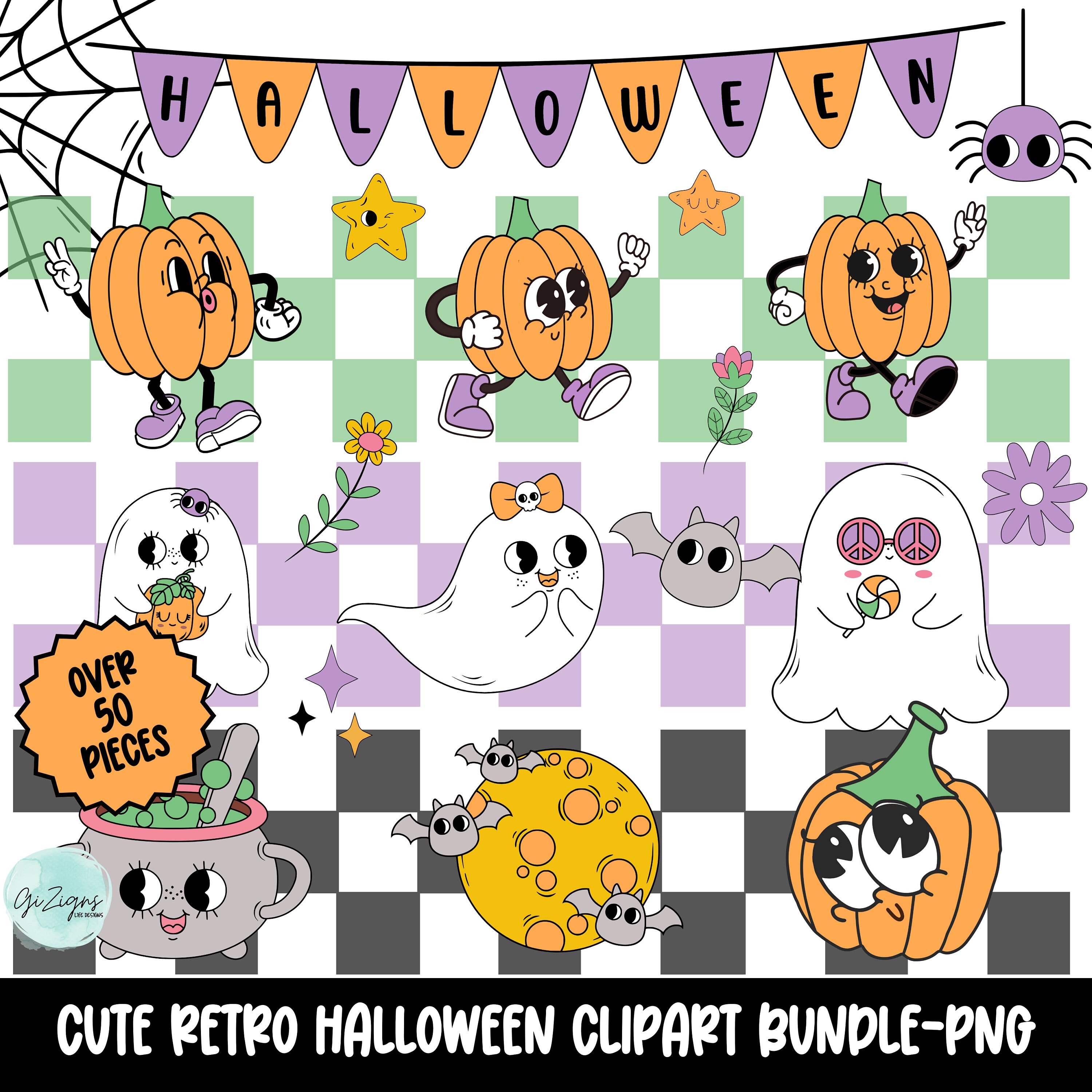Groovy Retro Halloween Cartoon Clipart Bundle Pumpkins - Etsy