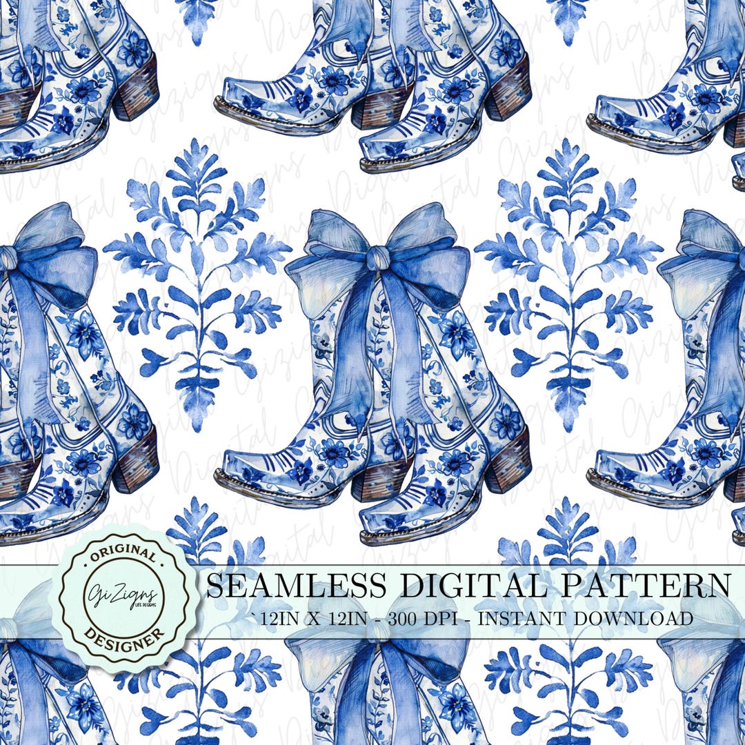 Blue and White Coastal Cowgirl Coquette Seamless Pattern PNG, Blue ...