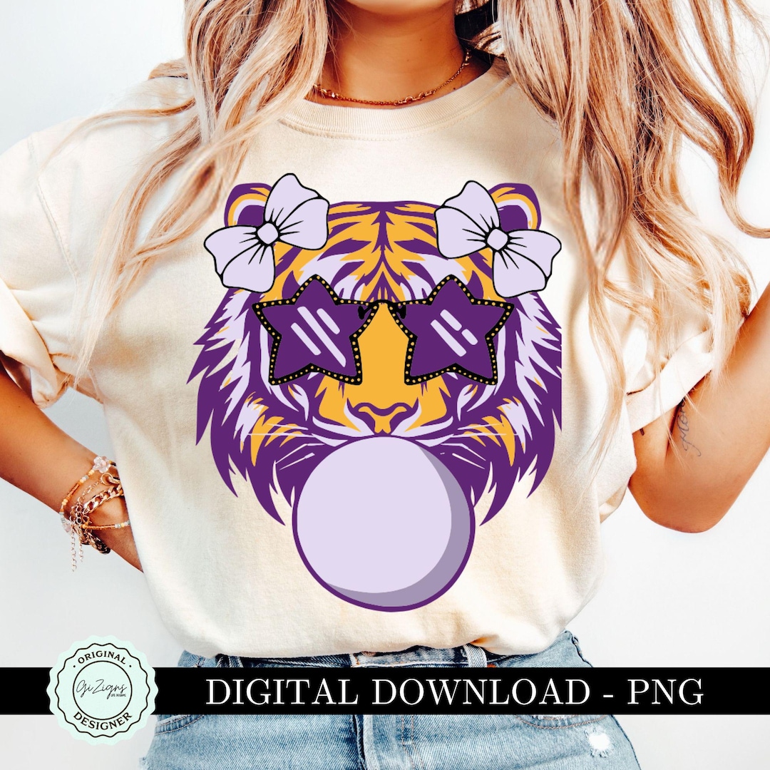 Gold and Purple Tiger Blowing Bubble PNG, Coquette Bow Tiger Face PNG ...