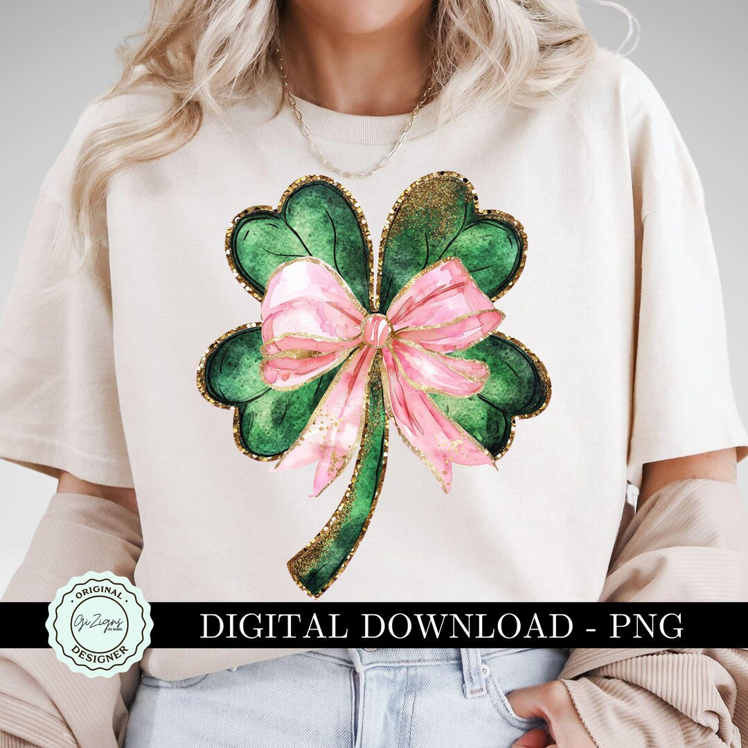 St. Patricks Day Shamrock Coquette Pink Bow Png, Retro Bow Saint Patty ...
