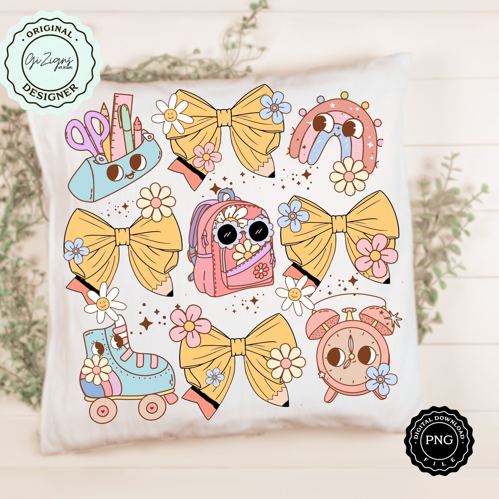 Retro Cute Back to School Coquette PNG Clipart Pencil Bow Roller Skate ...