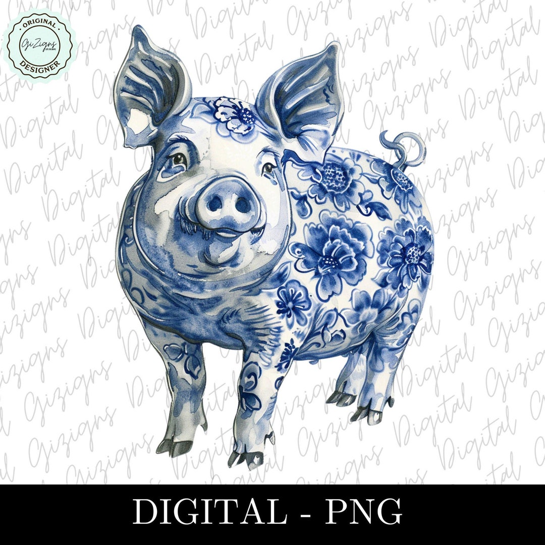 Blue and White Floral Pig PNG, Coquette Blue Chinoiserie Floral Farm ...