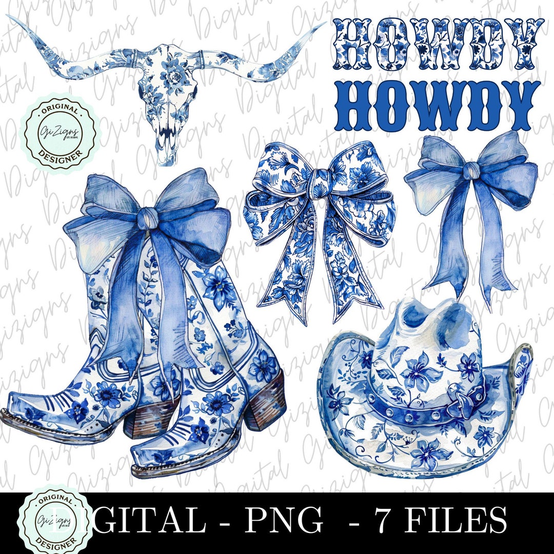 Trendy Western Coastal Cowgirl PNG Bundle, Coquette Blue Chinoiserie ...