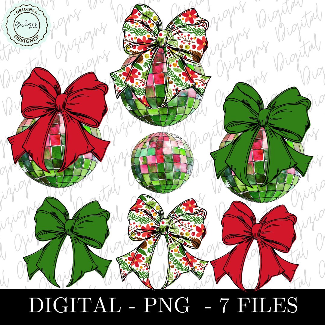 Cute Disco Christmas PNG Clipart Bow Bundle, Red and Green Bows ...