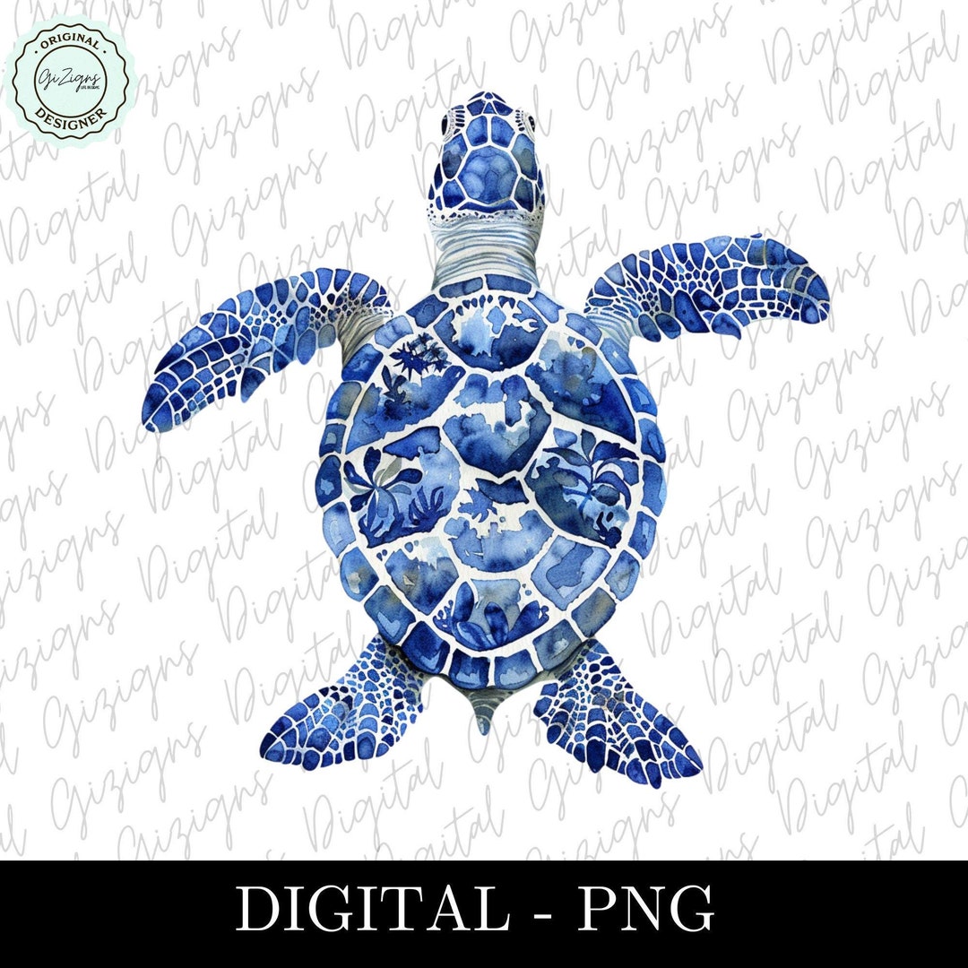 Blue and White Sea Turtle PNG, Blue Chinoiserie Floral Turtle Clipart ...